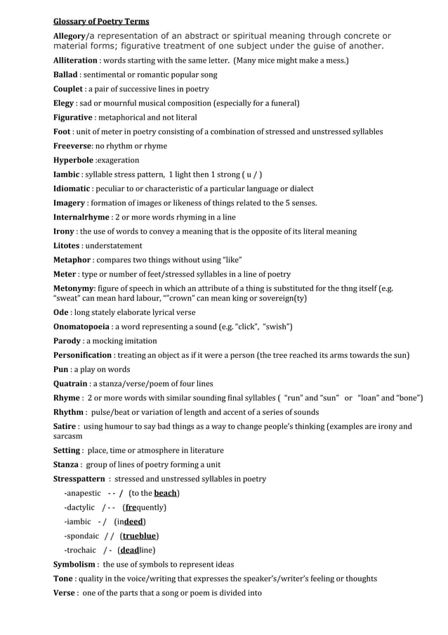 Glossary of poetry terms answers | PDF