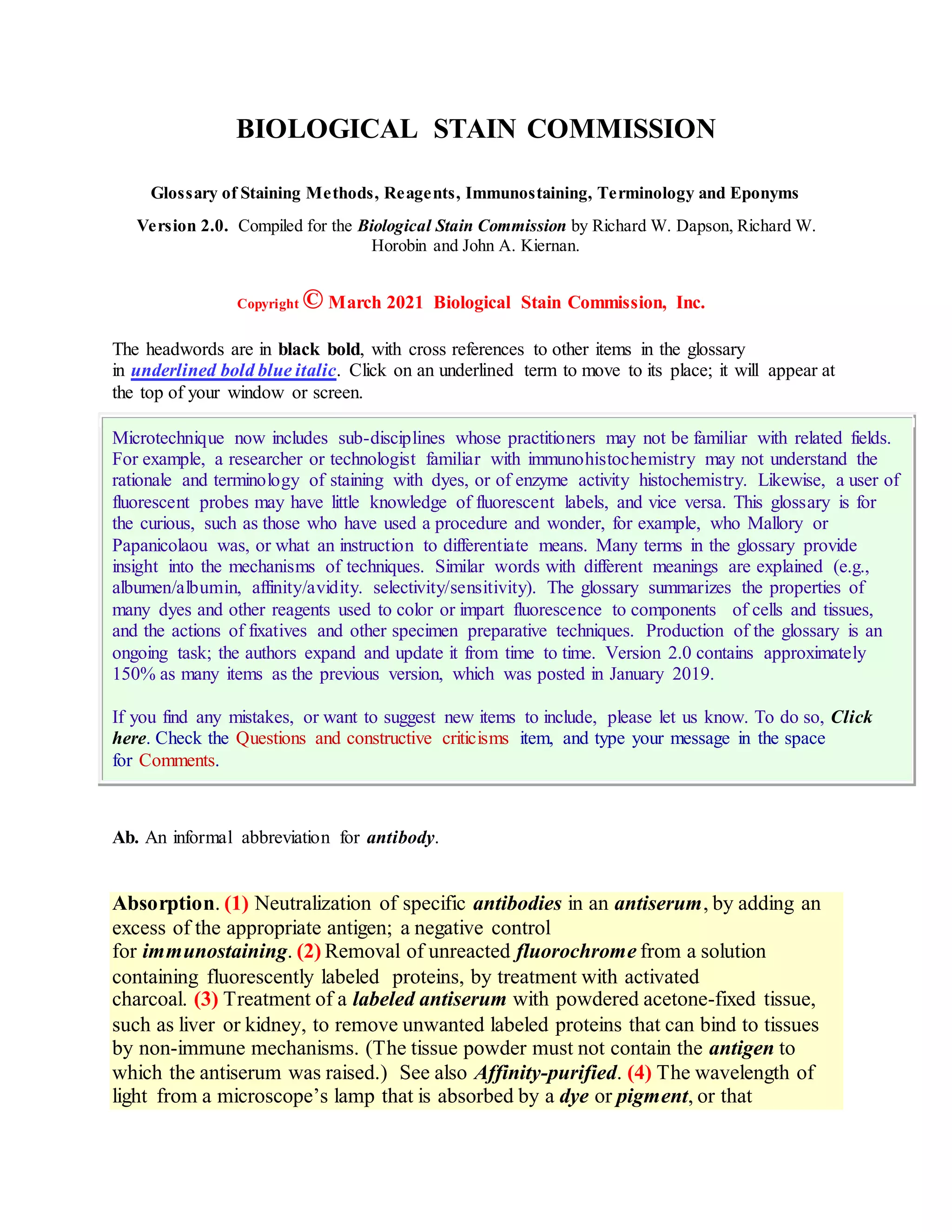 Glossary of staining methods, reagents, immunostaining, terminology and ...