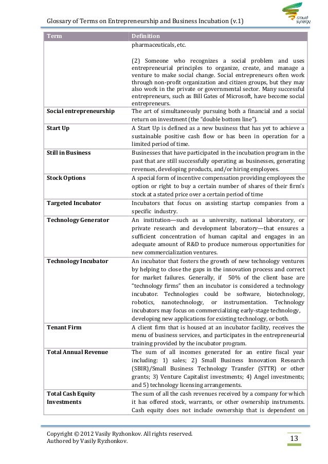 Glossary of terms on Entrepreneurship and Business Incubation 2013