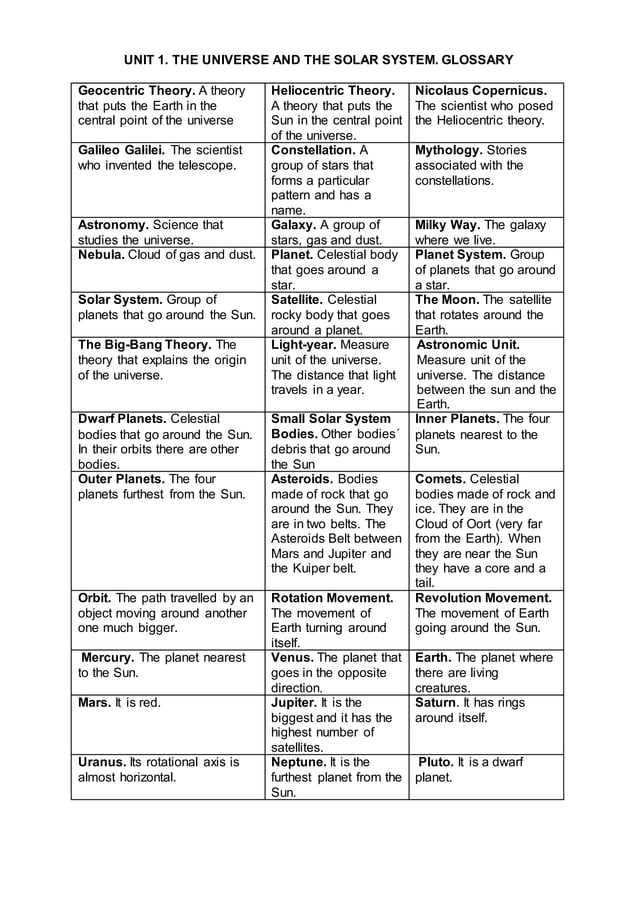 Glossary unit 1. the universe and the solar system | PDF