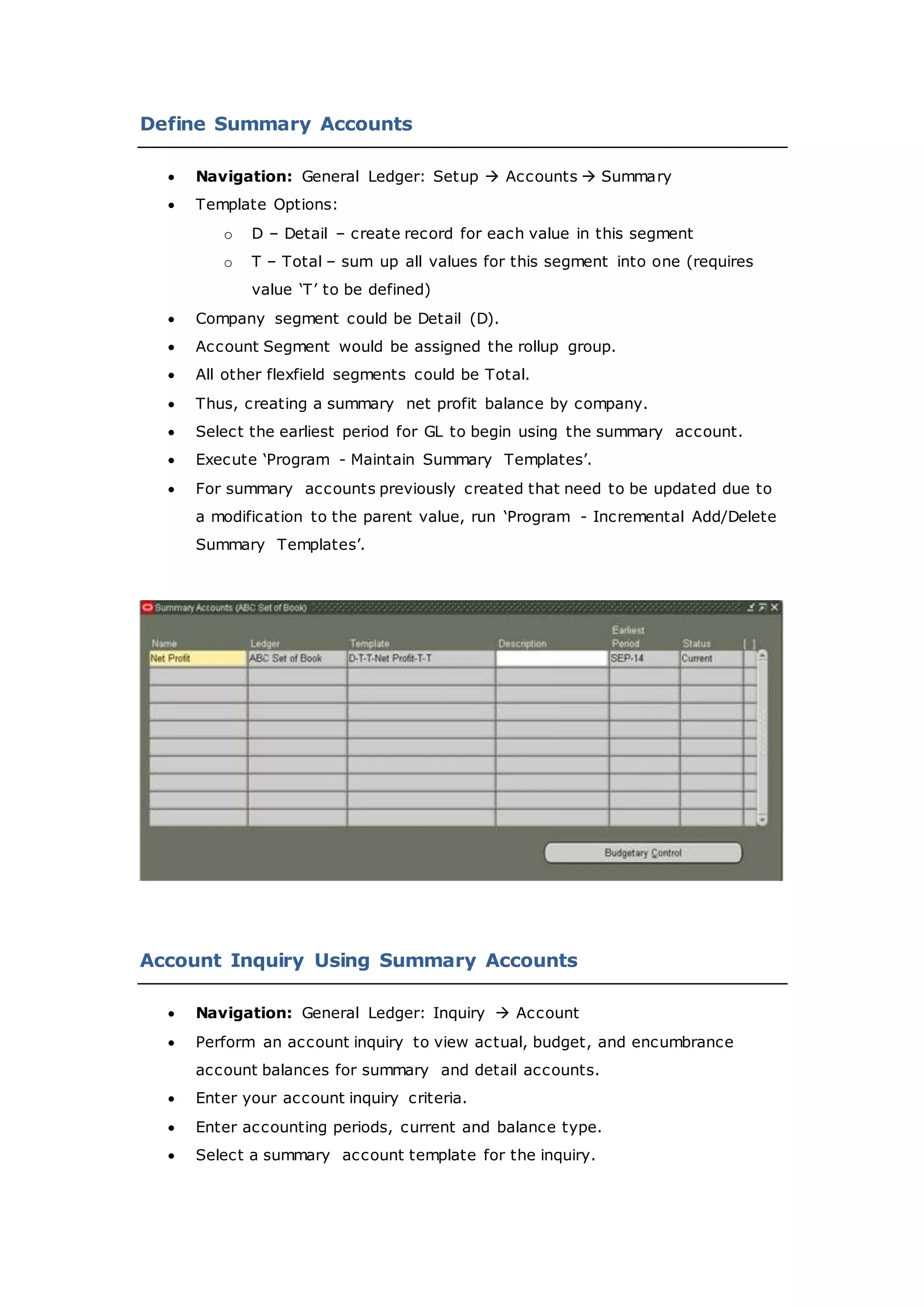 Oracle GL Summary Accounts | DOCX