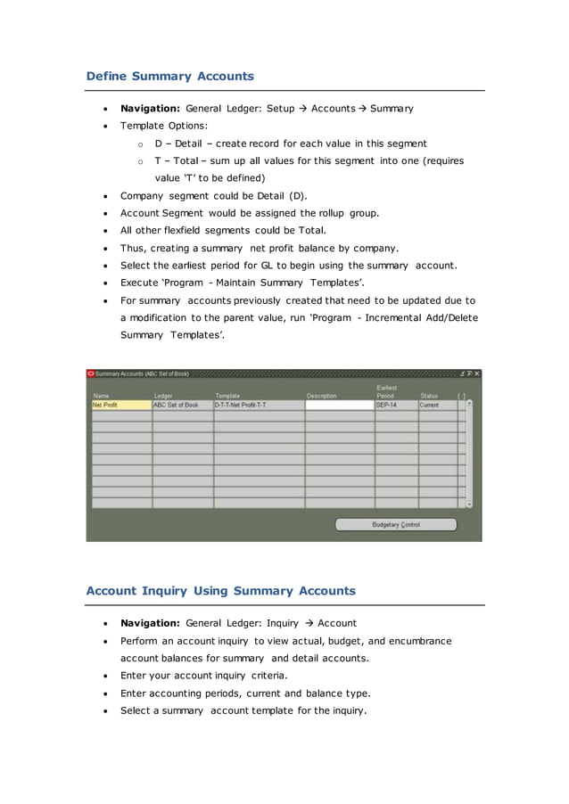 Oracle GL Summary Accounts | DOCX | Business | Business and Finance