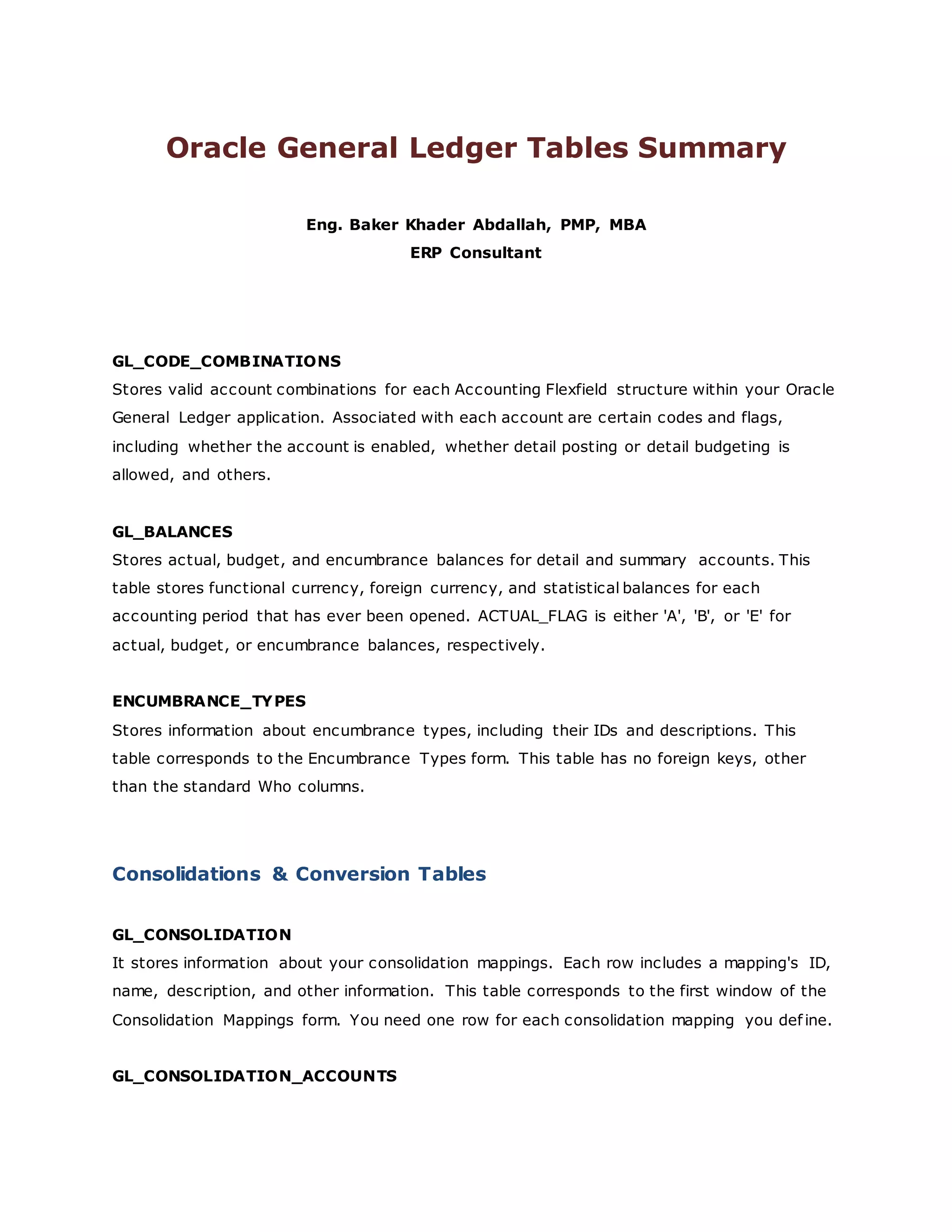 Gl Tables Summary | DOCX