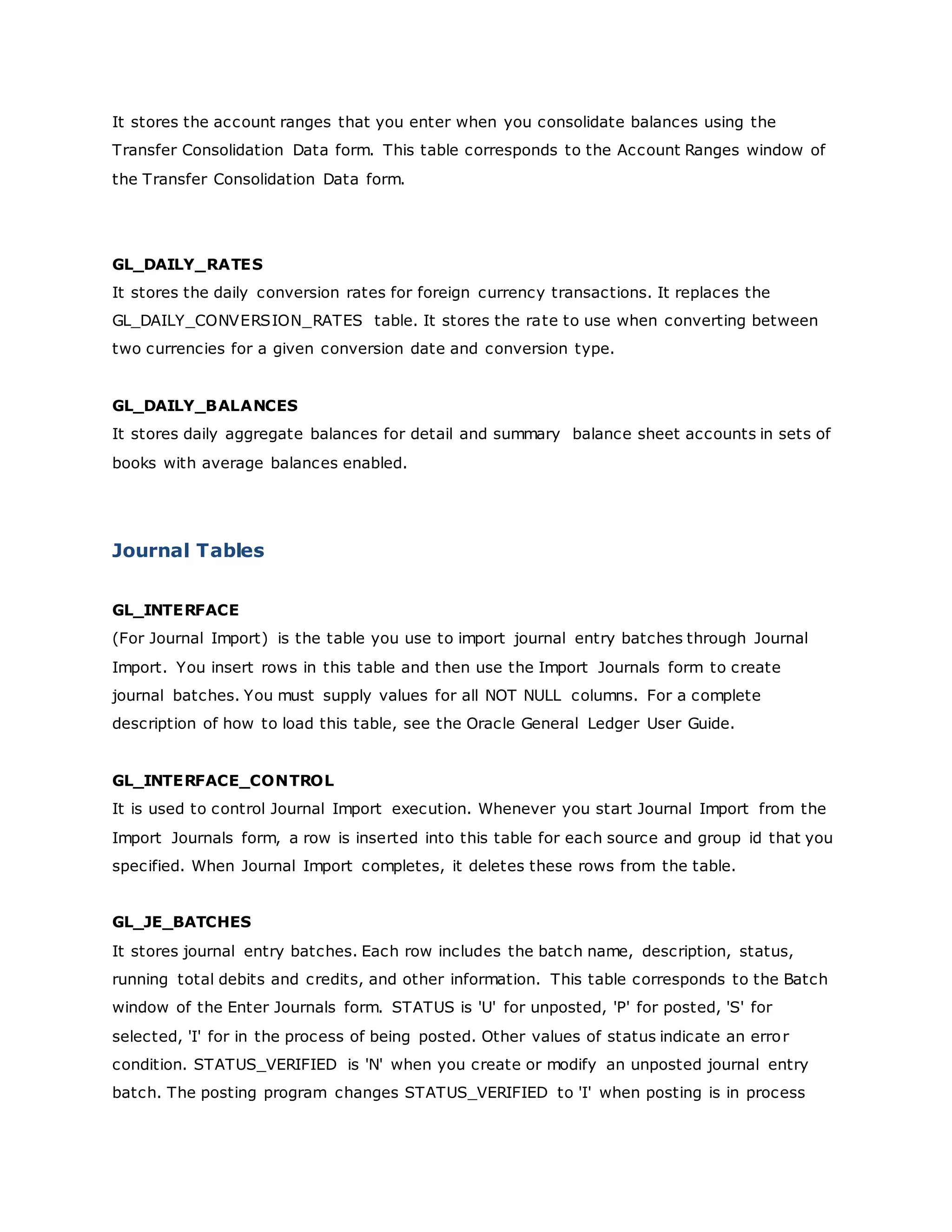 Gl Tables Summary | DOCX