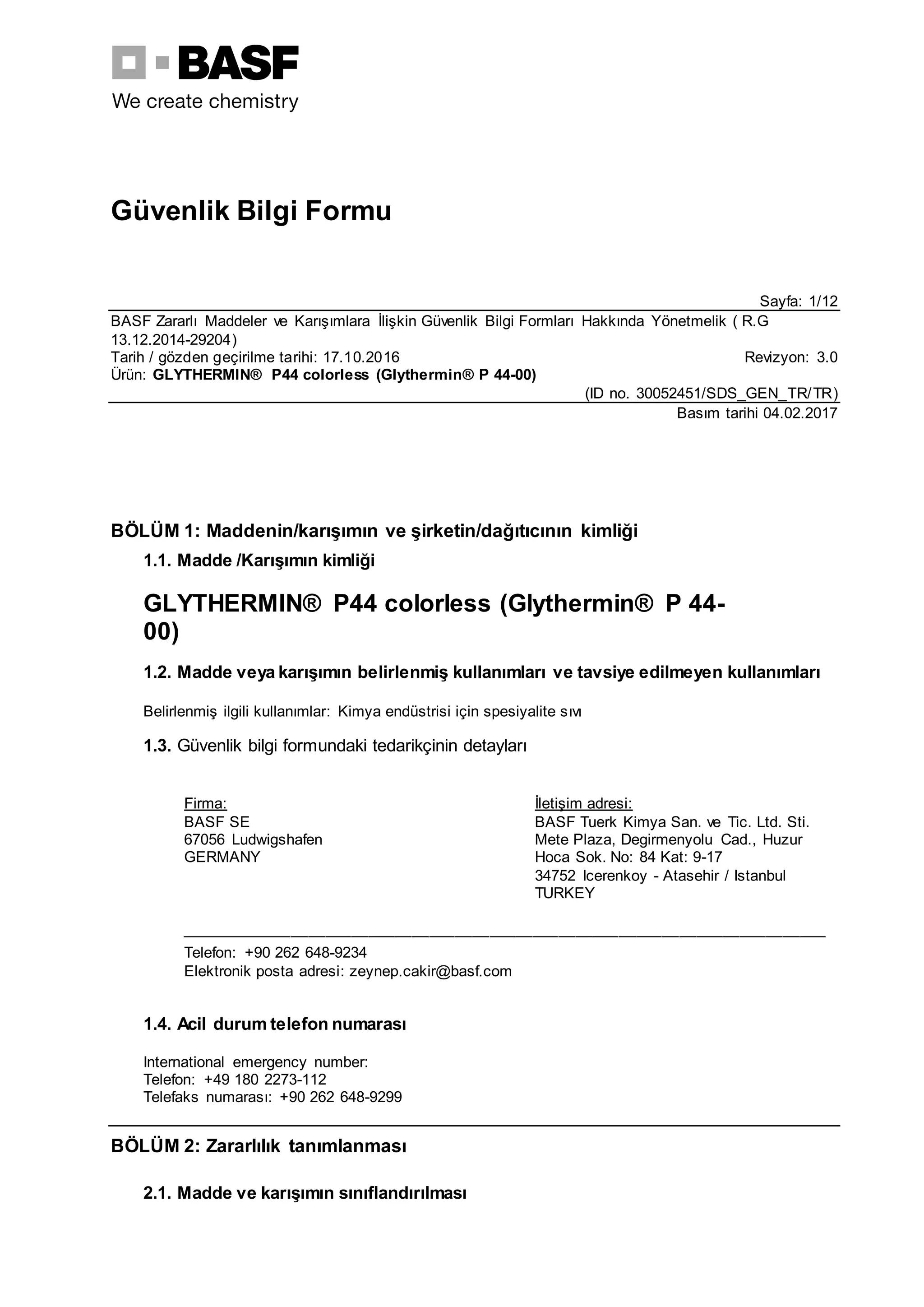BASF Glythermin p44 msds tr | PDF