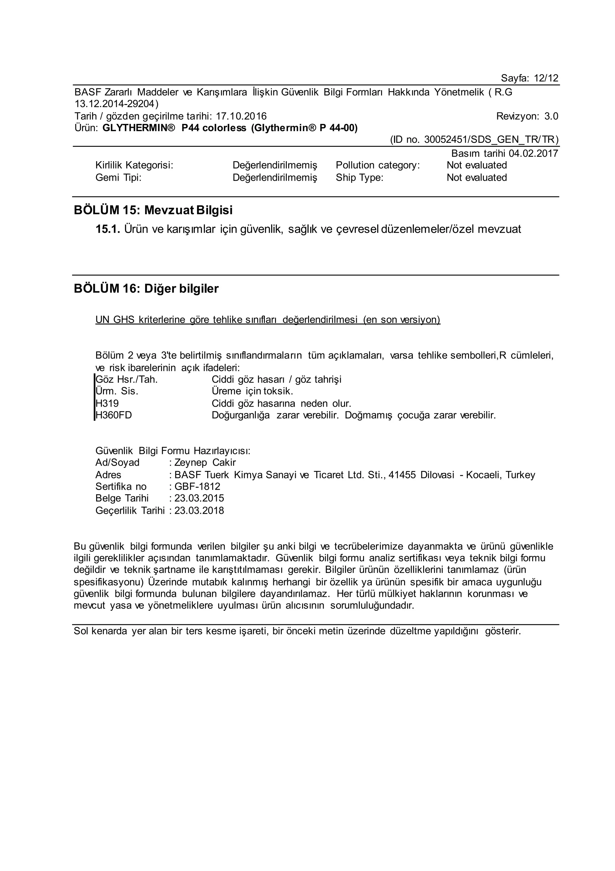 BASF Glythermin p44 msds tr | PDF