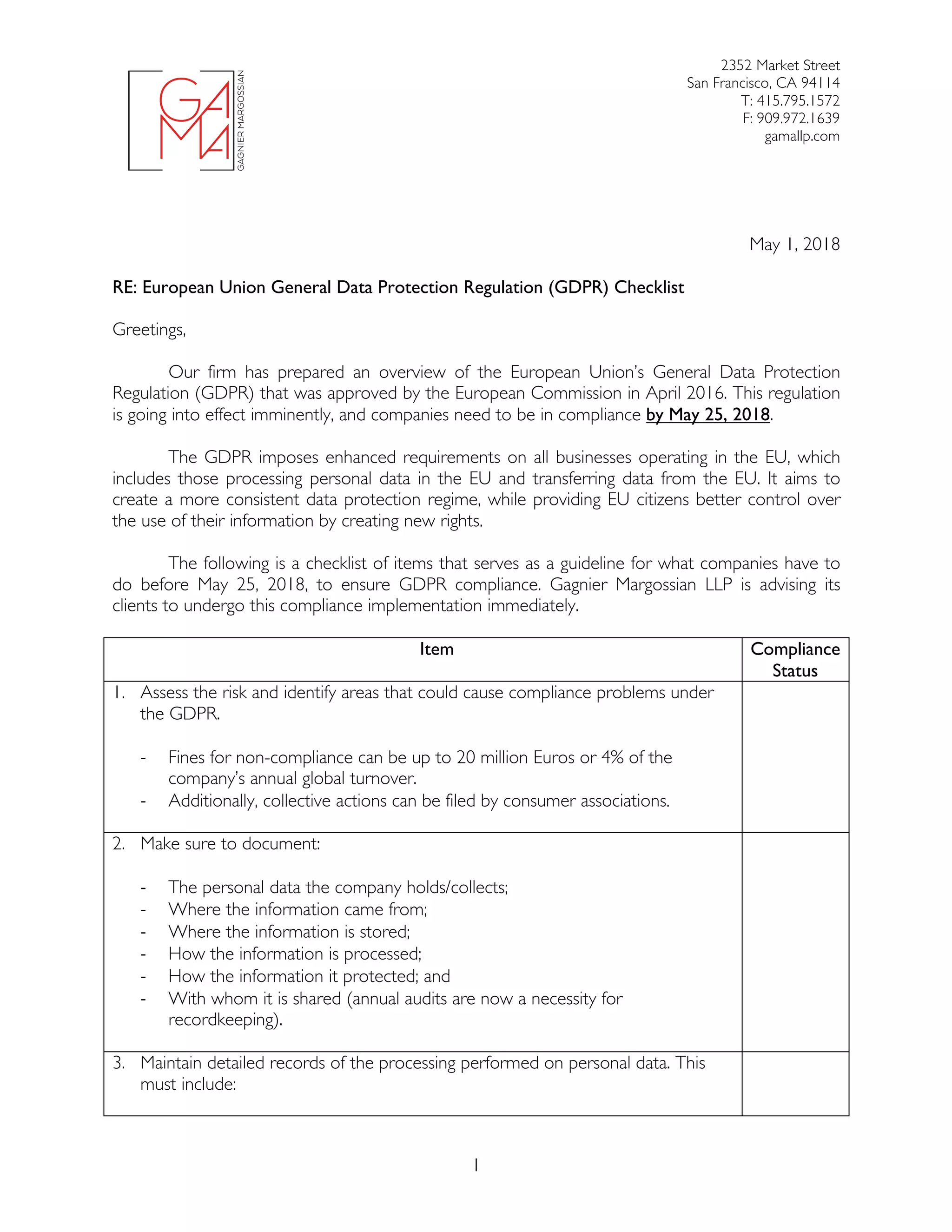 European Union General Data Protection Regulation (GDPR) Checklist ...