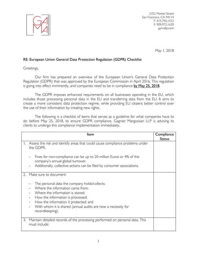 European Union General Data Protection Regulation (GDPR) Checklist ...
