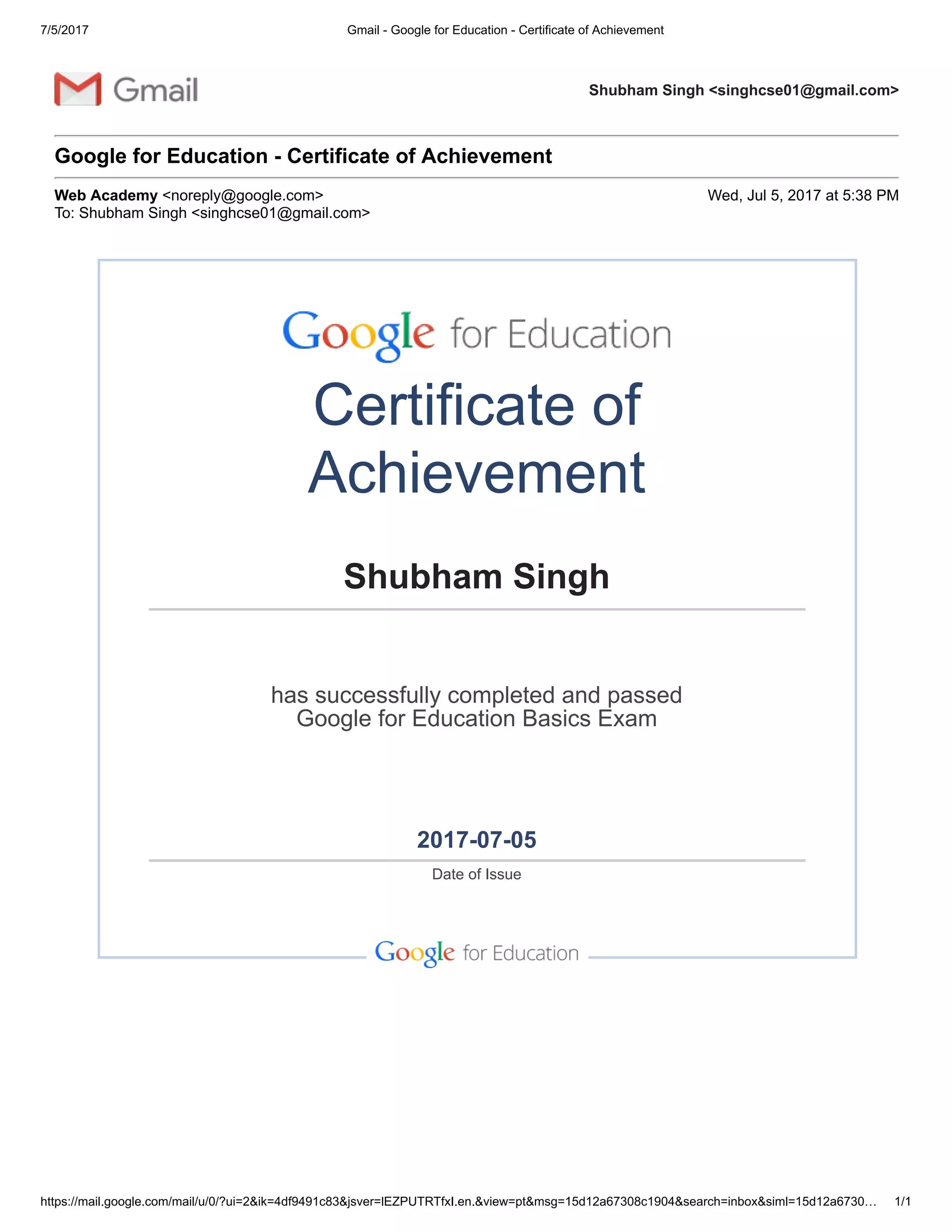 Gmail google for education - certificate of achievement | PDF