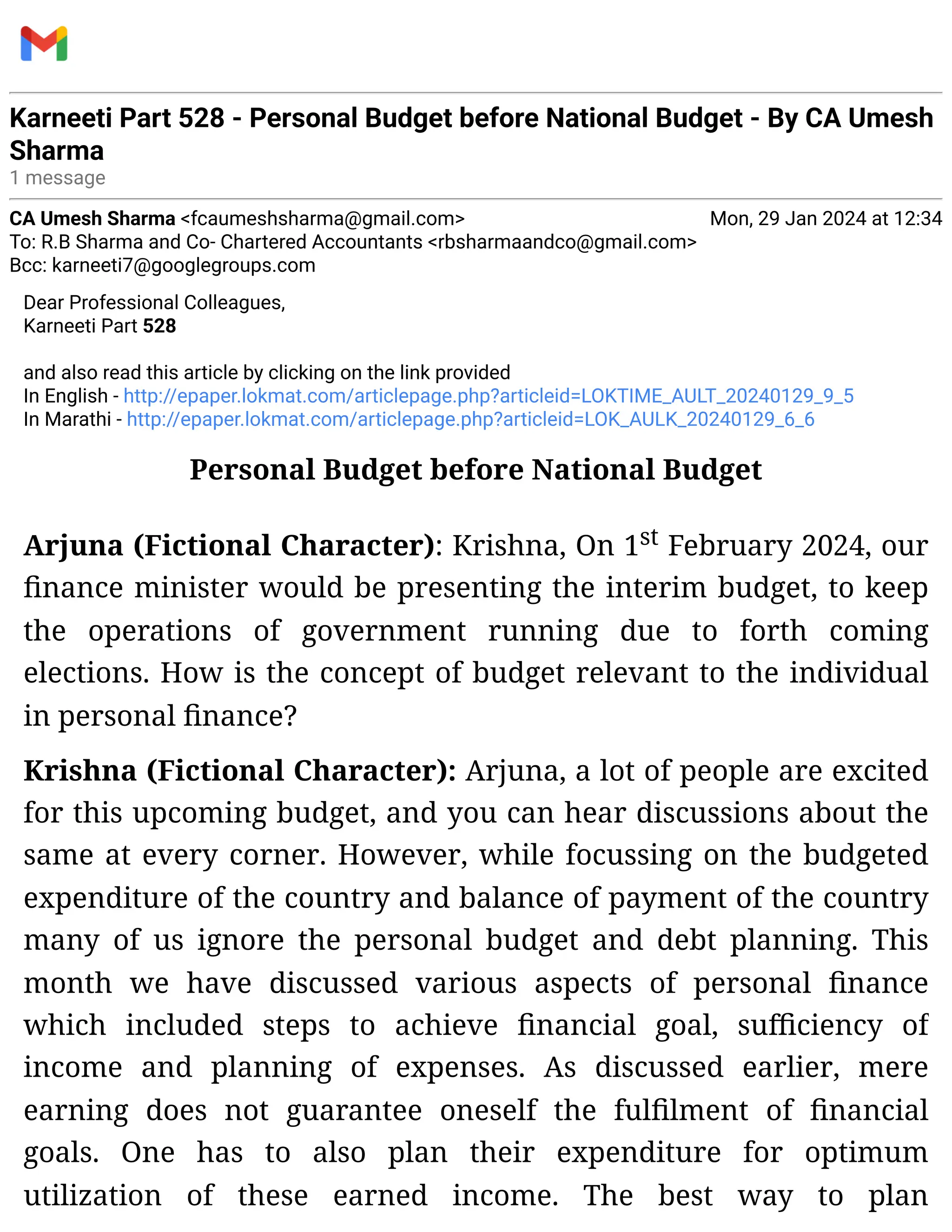 Karneeti Part 528 - Personal Budget before National Budget - By CA Umesh Sharma.PDF