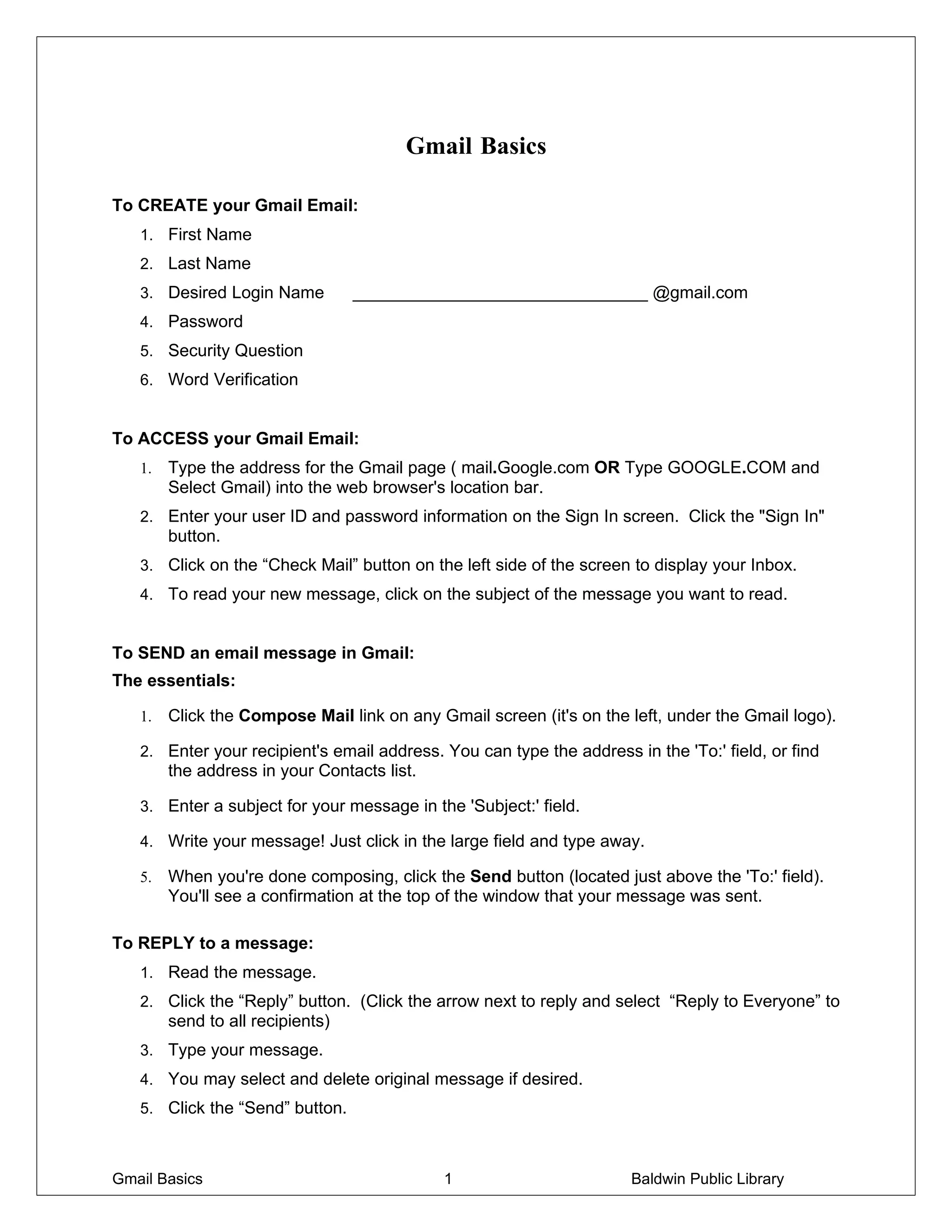 Introduction to Gmail - Instructions | DOC