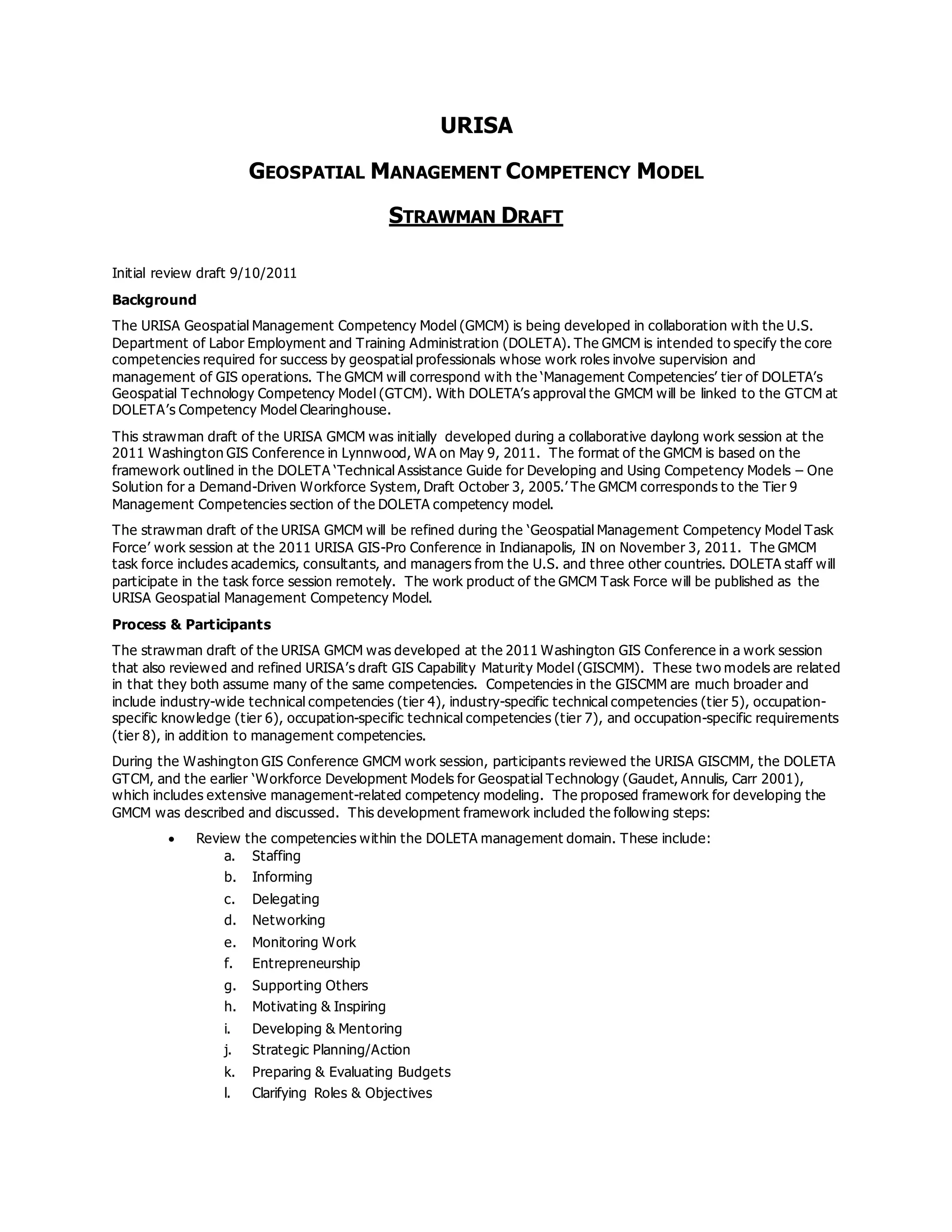 URISA Geospatial Management Competency Model - Strawman Draft | DOCX