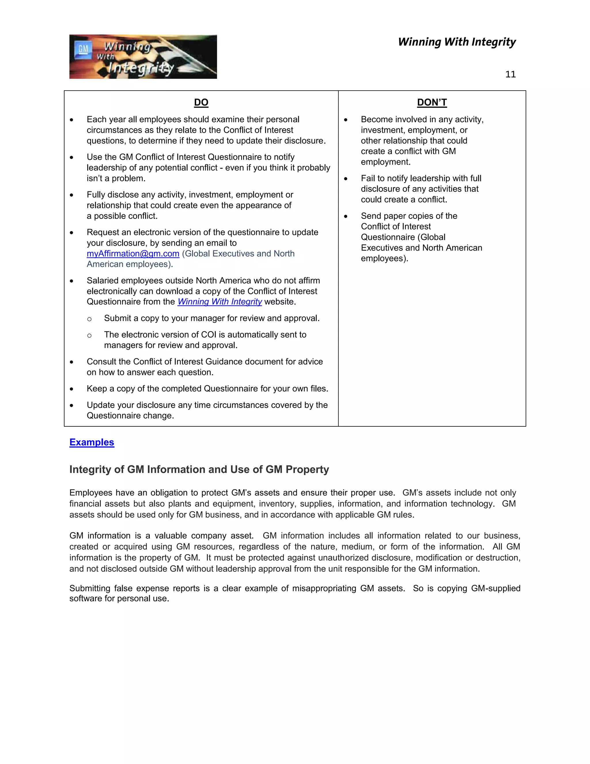 GM_Corporate Governance_Values and Guidelines for Employee Conduct | PDF