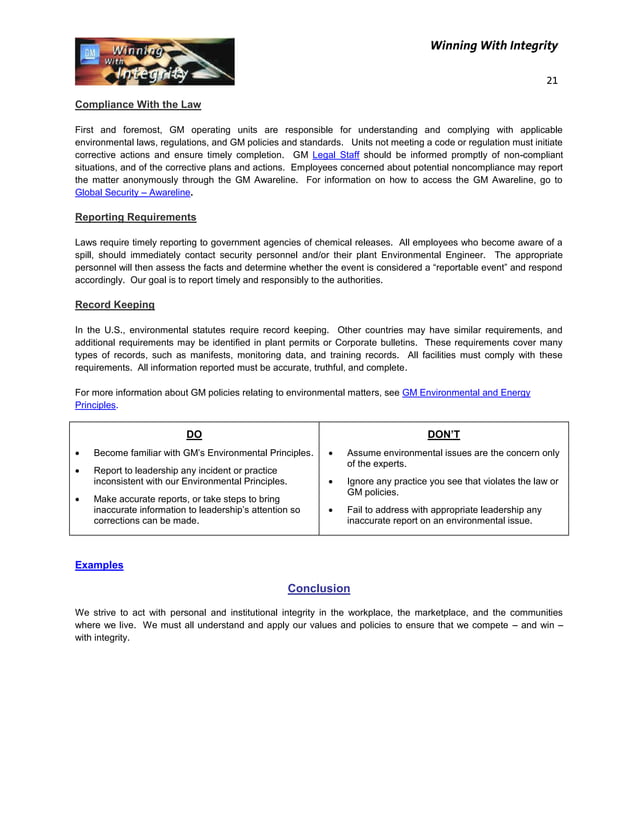 GM_Corporate Governance_Values and Guidelines for Employee Conduct | PDF