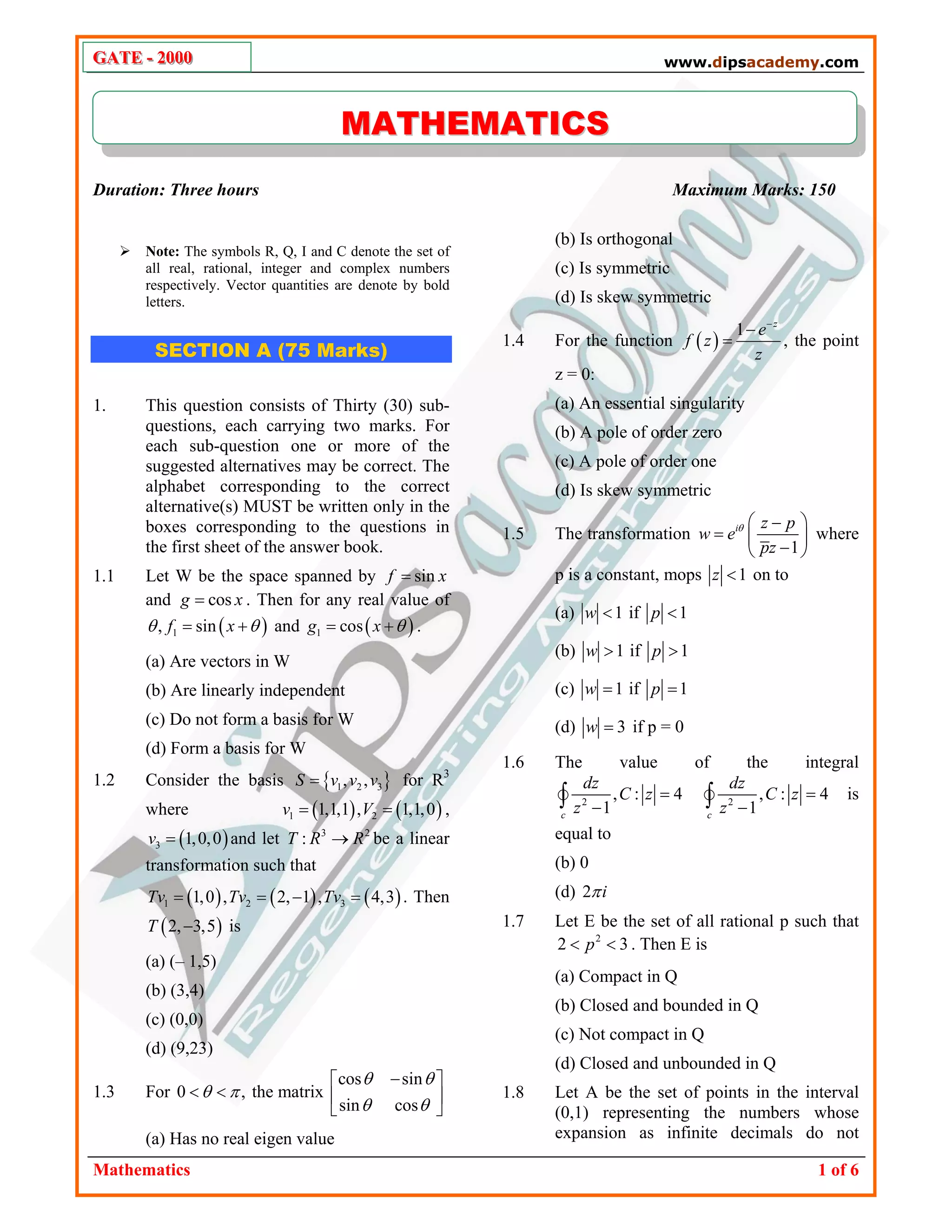 GATE Mathematics Paper-2000 | PDF