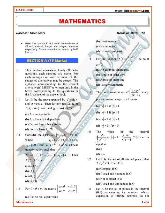 GATE Mathematics Paper-2000 | PDF