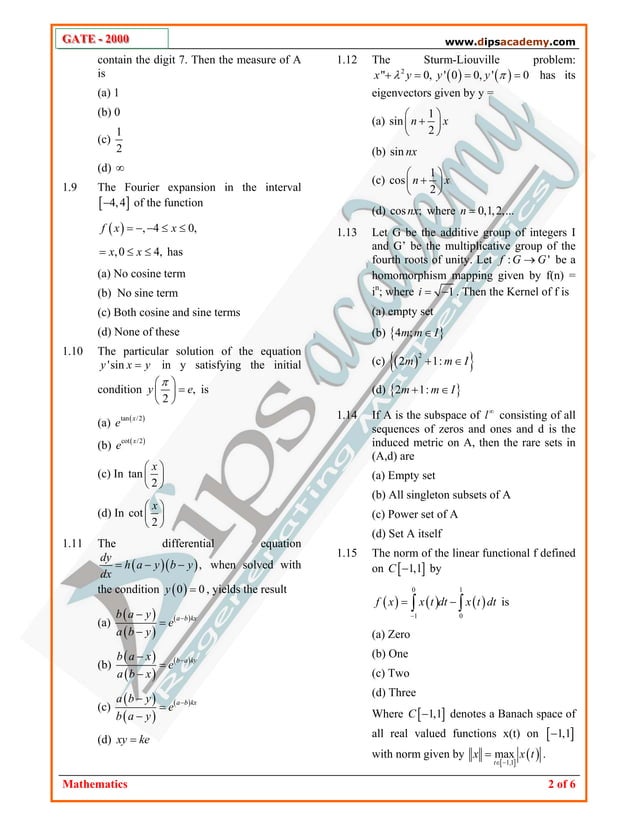 GATE Mathematics Paper-2000 | PDF