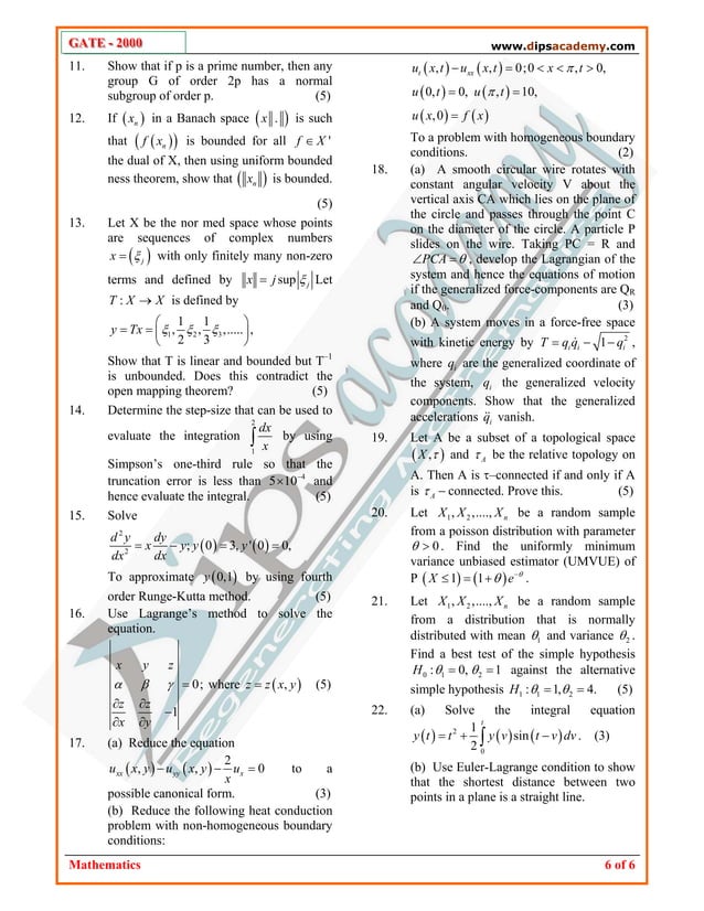 GATE Mathematics Paper-2000 | PDF