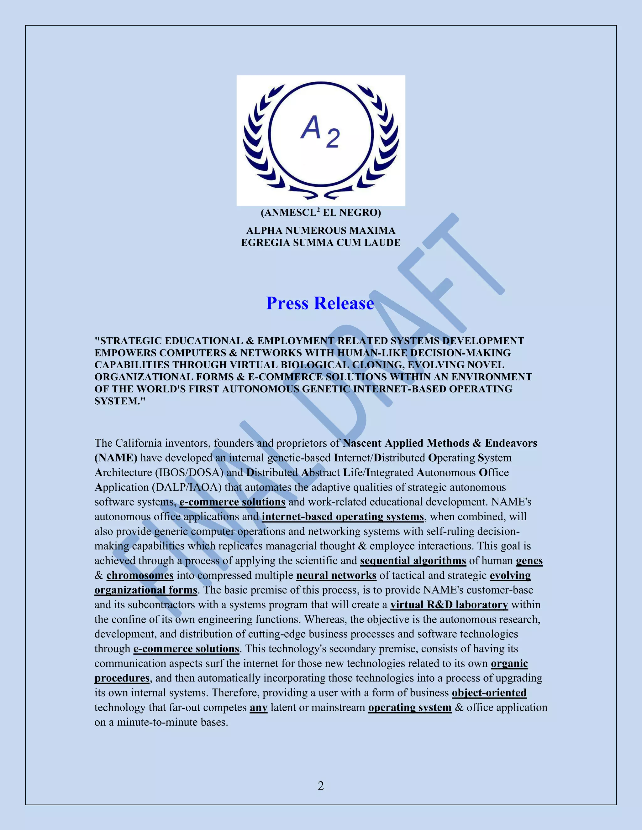 NAME's Onesimus Equations for Developing Approximately 11.5 Thousand Global Business Models That ...