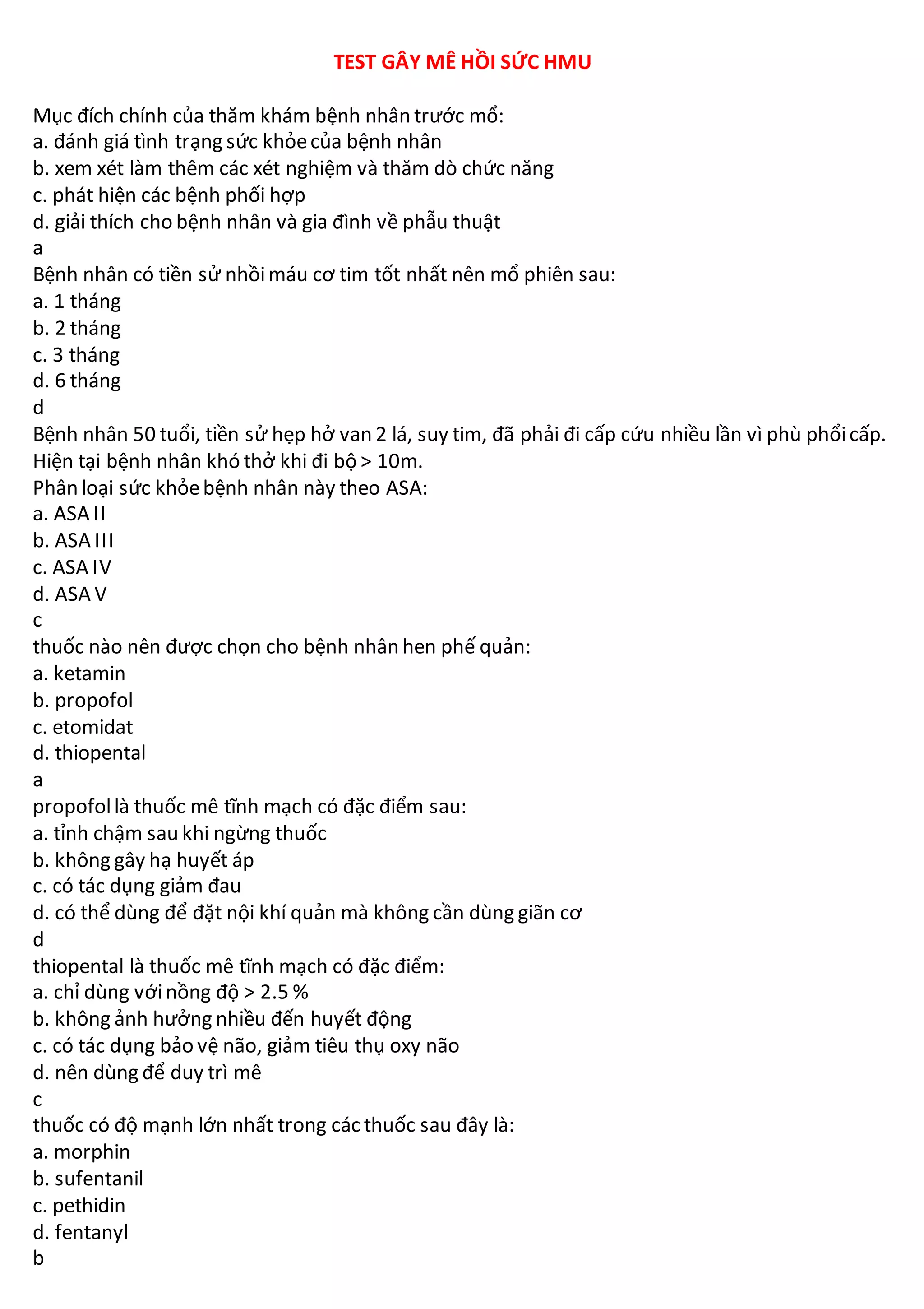 Trắc Nghiệm Gây Mê Hồi Sức ĐHYHN - TBFTTH VMU | DOC