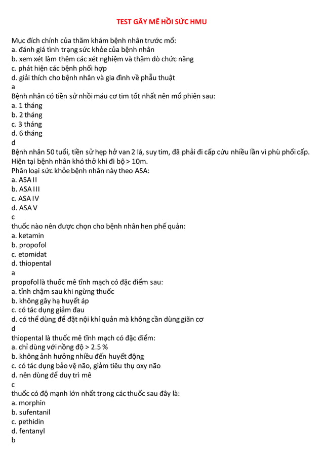Trắc Nghiệm Gây Mê Hồi Sức ĐHYHN - TBFTTH VMU | DOC