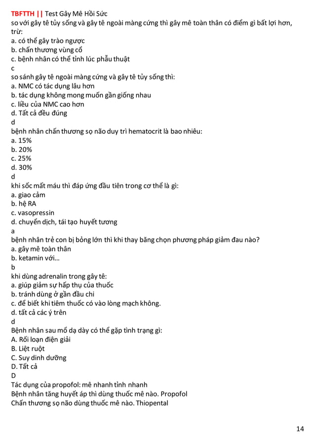 Trắc Nghiệm Gây Mê Hồi Sức ĐHYHN - TBFTTH VMU | DOC