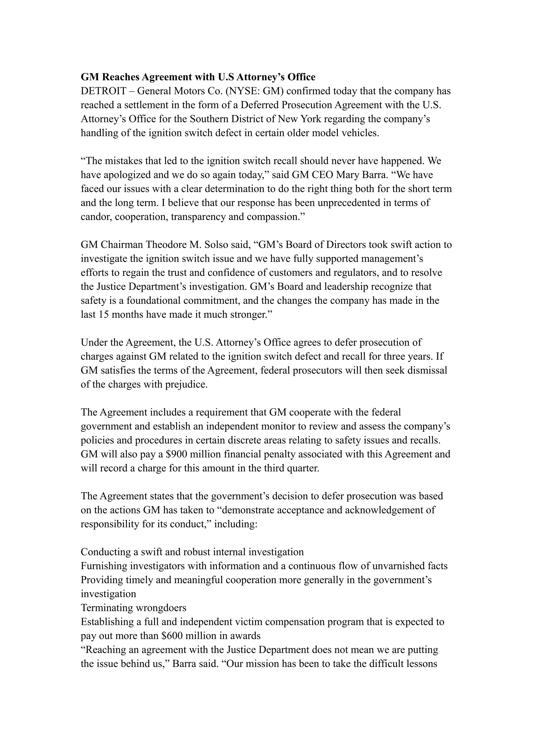 GM Ignition switch recall issue press release | DOC