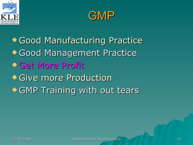 GMP AND cGMP CONSIDERATIONS | PPT