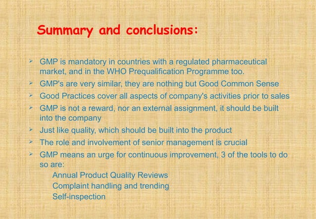 Good Manufacturing Practices (GMP)- Purpose and Principles | PPT