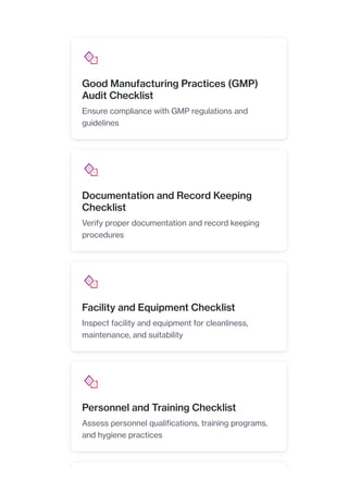 GMP Audit Checklists App Easily conduct GMP audits with this comprehensive checklist app. | PDF