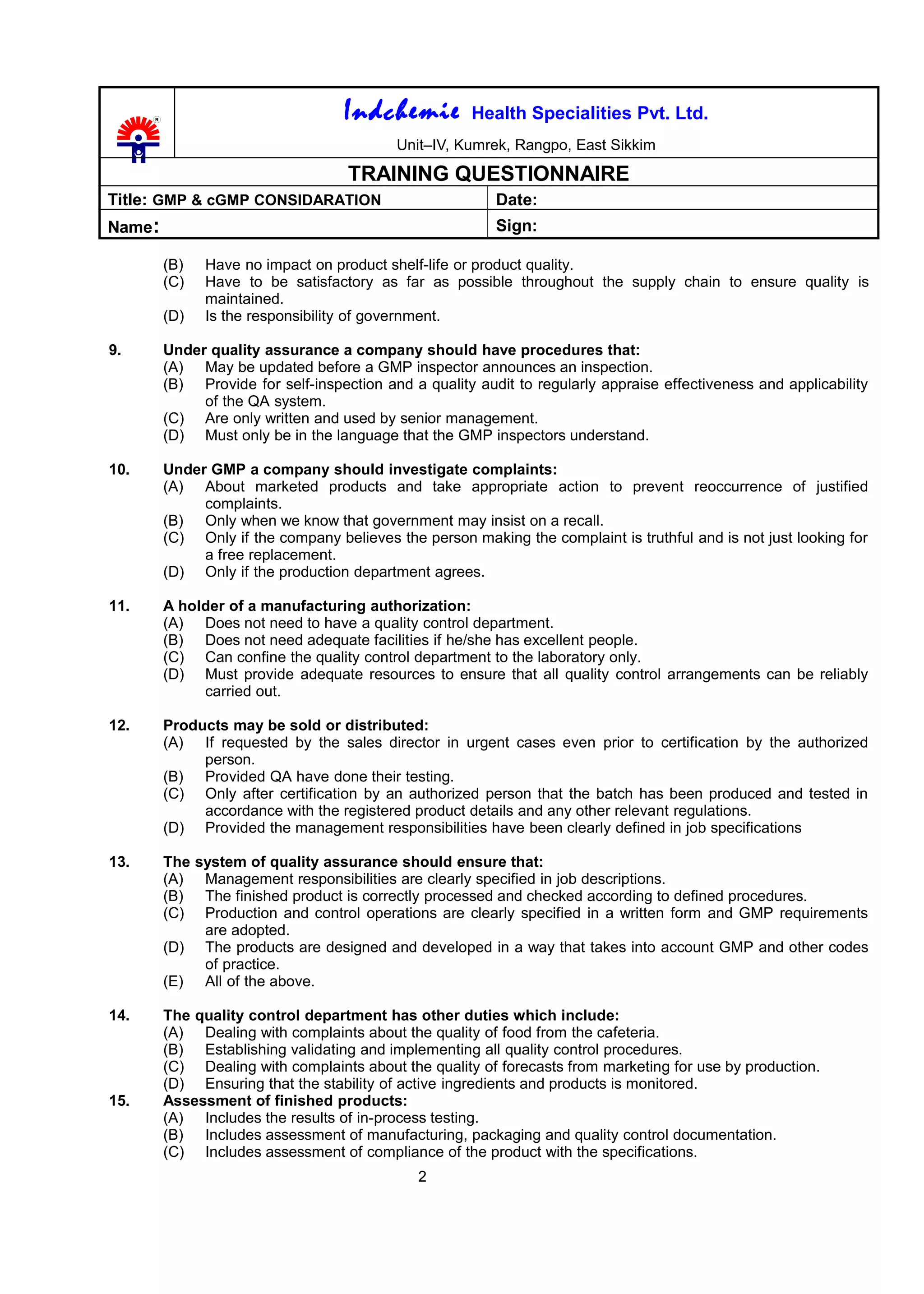 Gmp & c gmp considerations training questionary | DOC