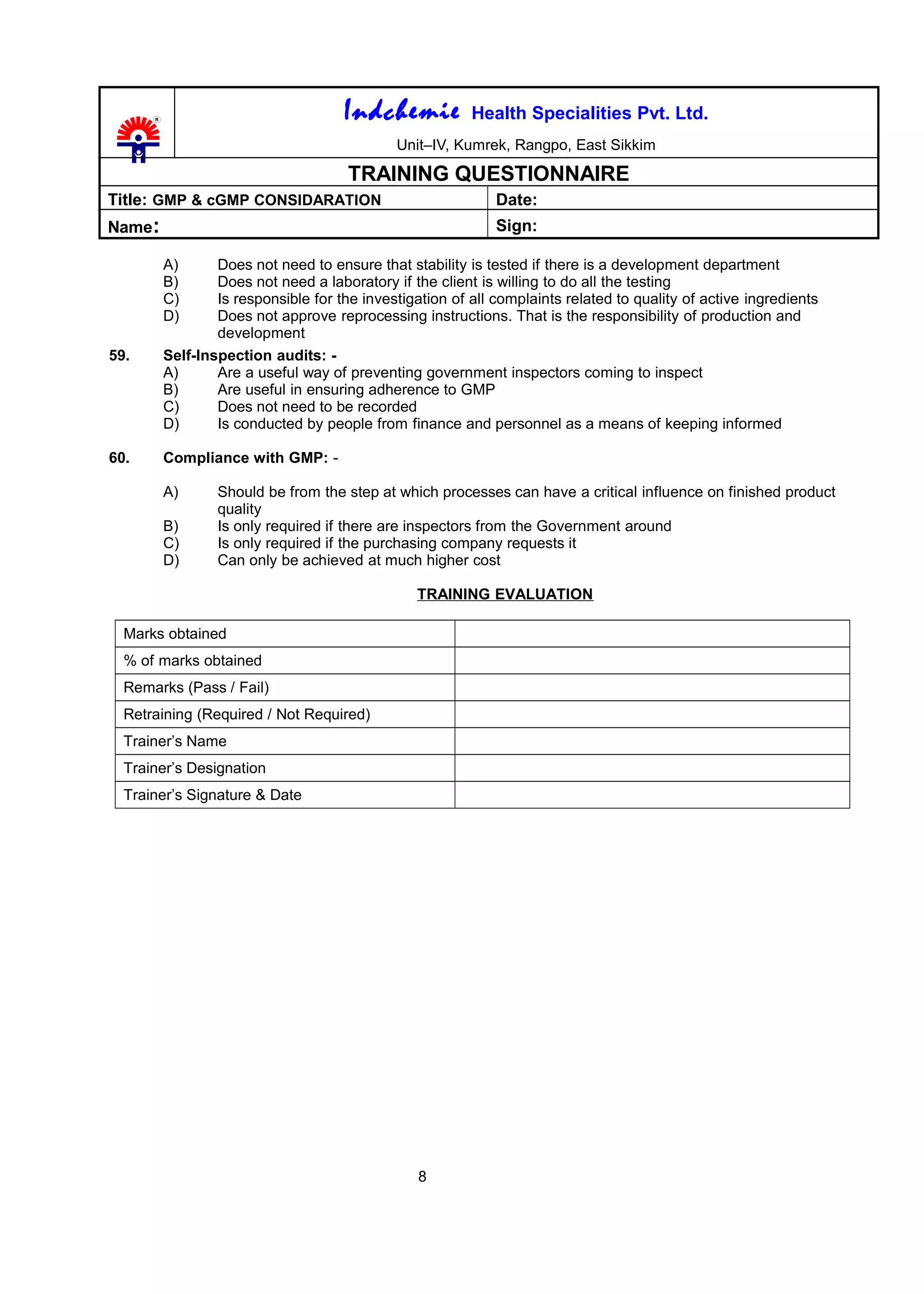 Gmp & c gmp considerations training questionary | DOC