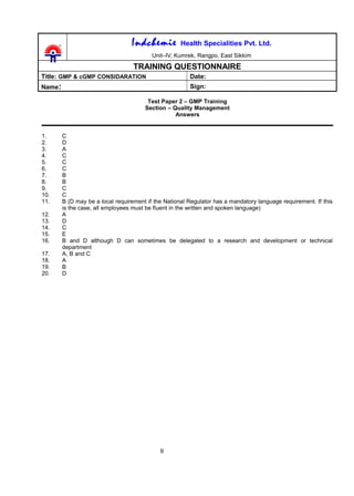 Gmp & c gmp considerations training questionary | DOC