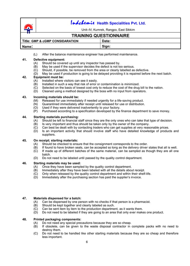 Gmp & c gmp considerations training questionary | DOC