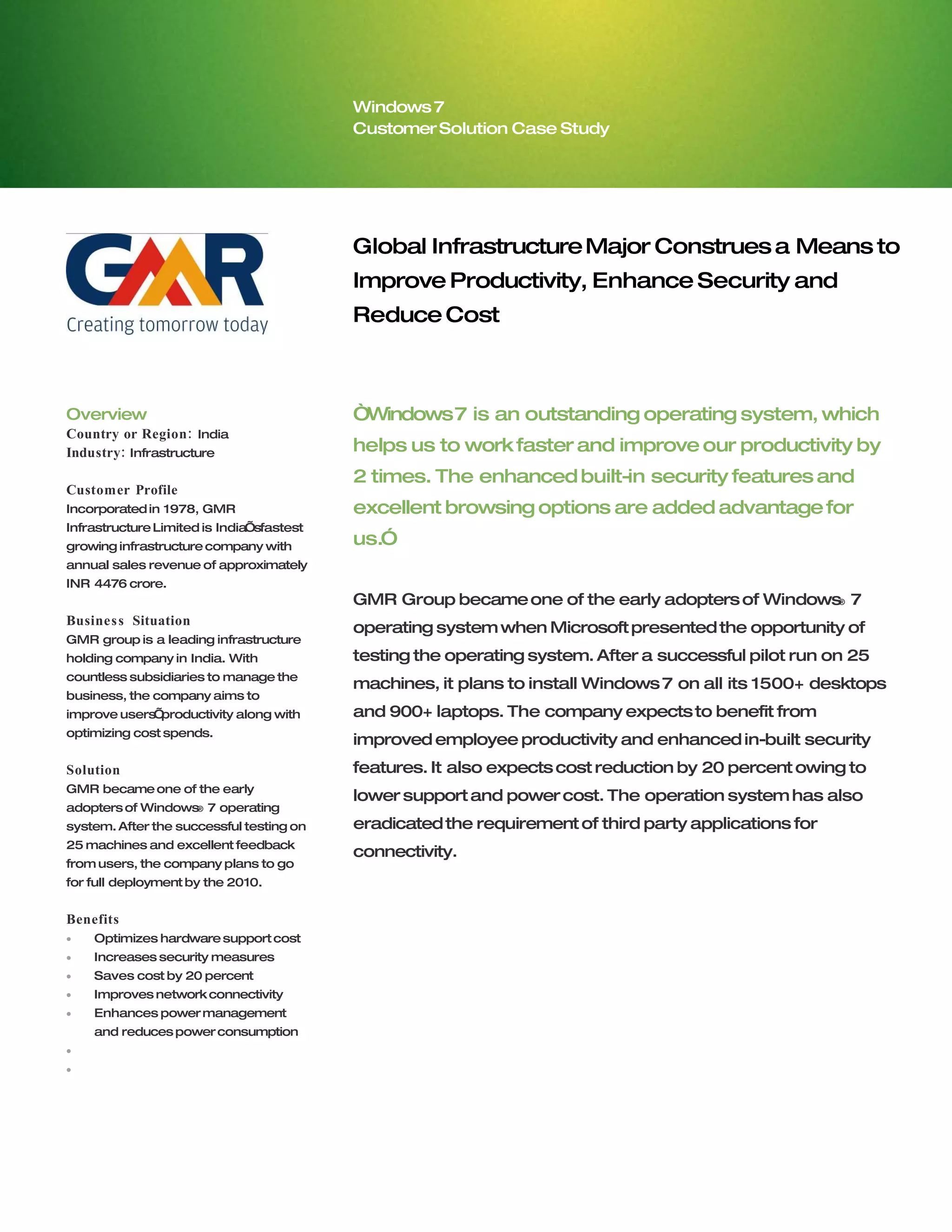 Microsoft India - GMR Infrastructure Case Study | DOC | IT and Internet ...