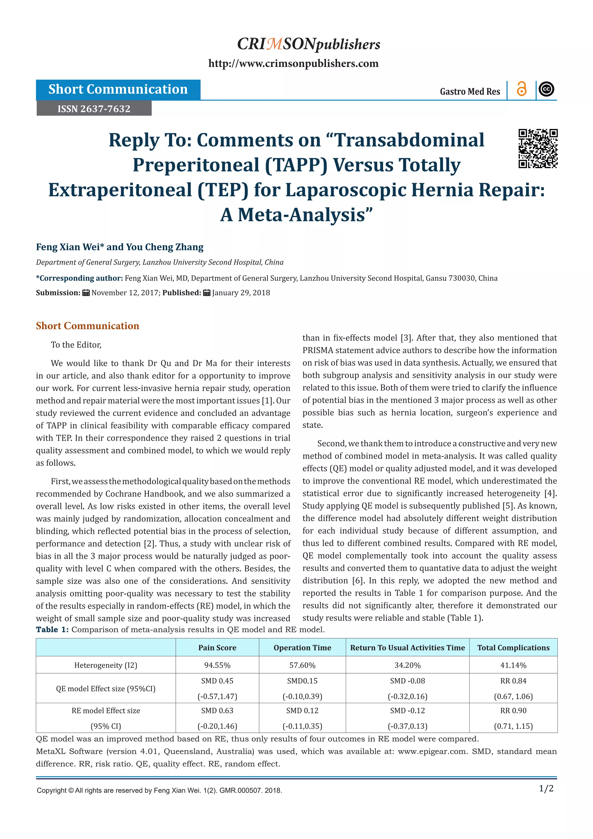 Crimson Publishers: Reply To: Comments on "Transabdominal Preperitoneal ...