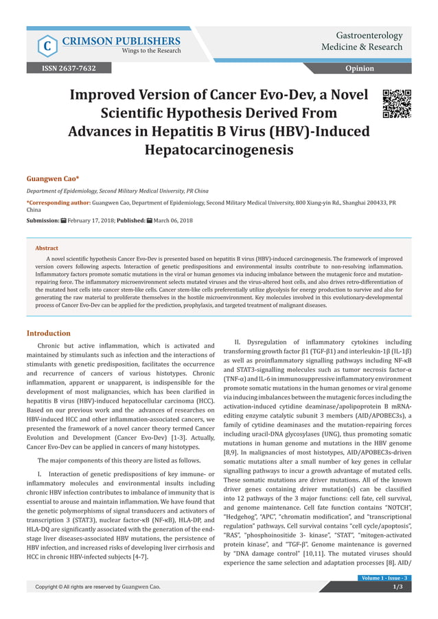 Crimson Publishers: Improved Version of Cancer Evo-Dev, a Novel Scientific Hypothesis Derived ...
