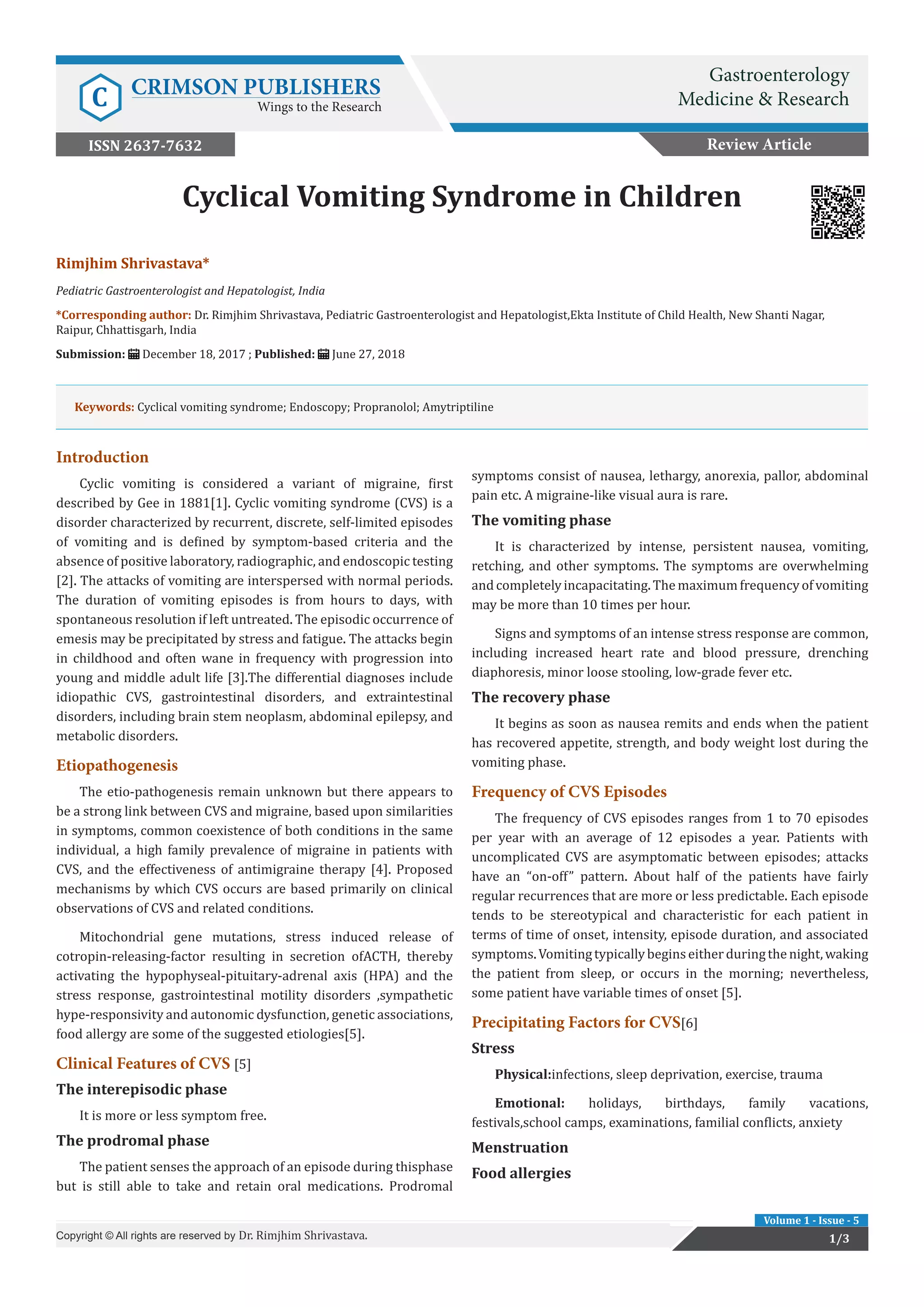 Cyclical Vomiting Syndrome in Children-Crimson Publishers | PDF