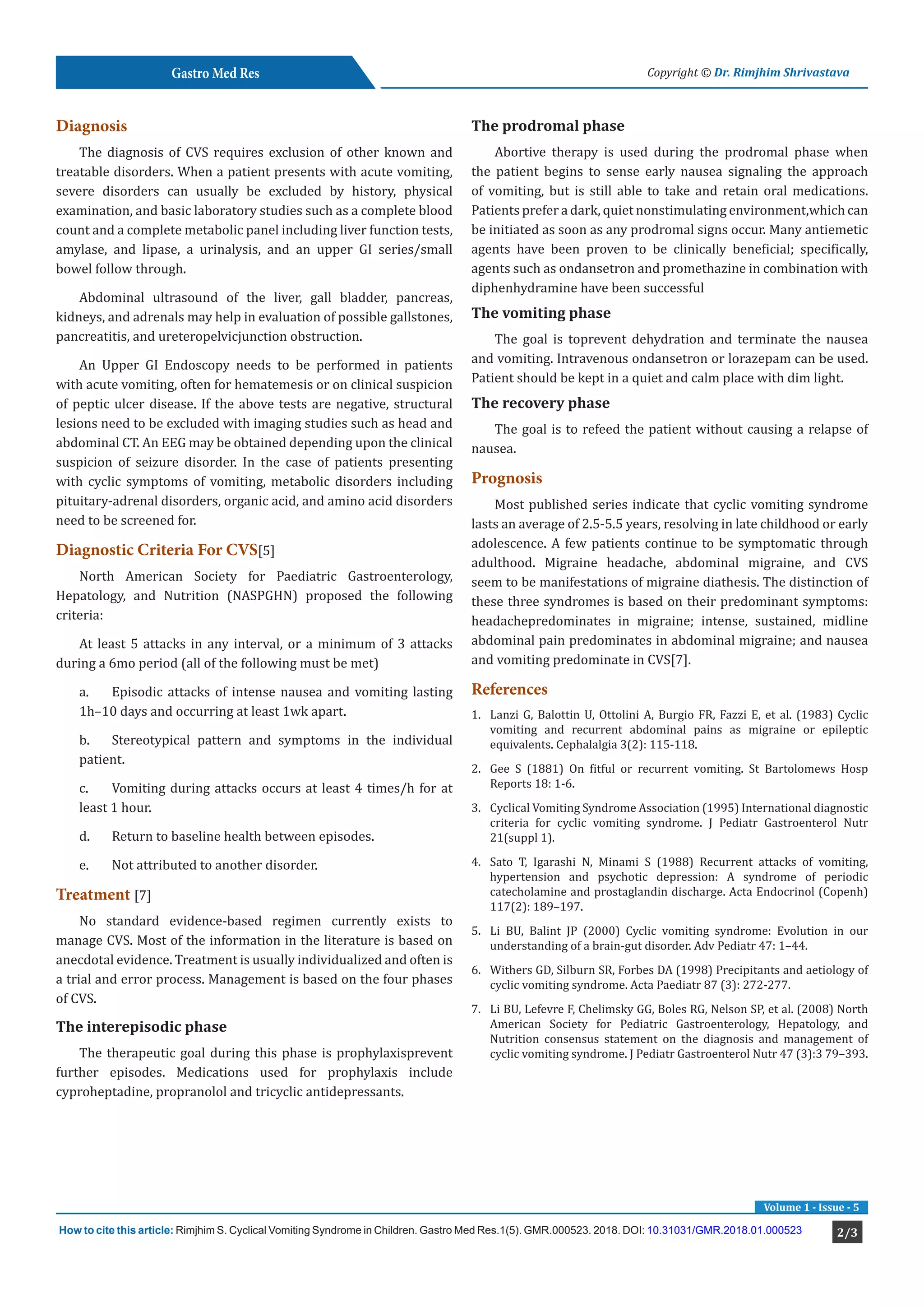 Cyclical Vomiting Syndrome in Children-Crimson Publishers | PDF