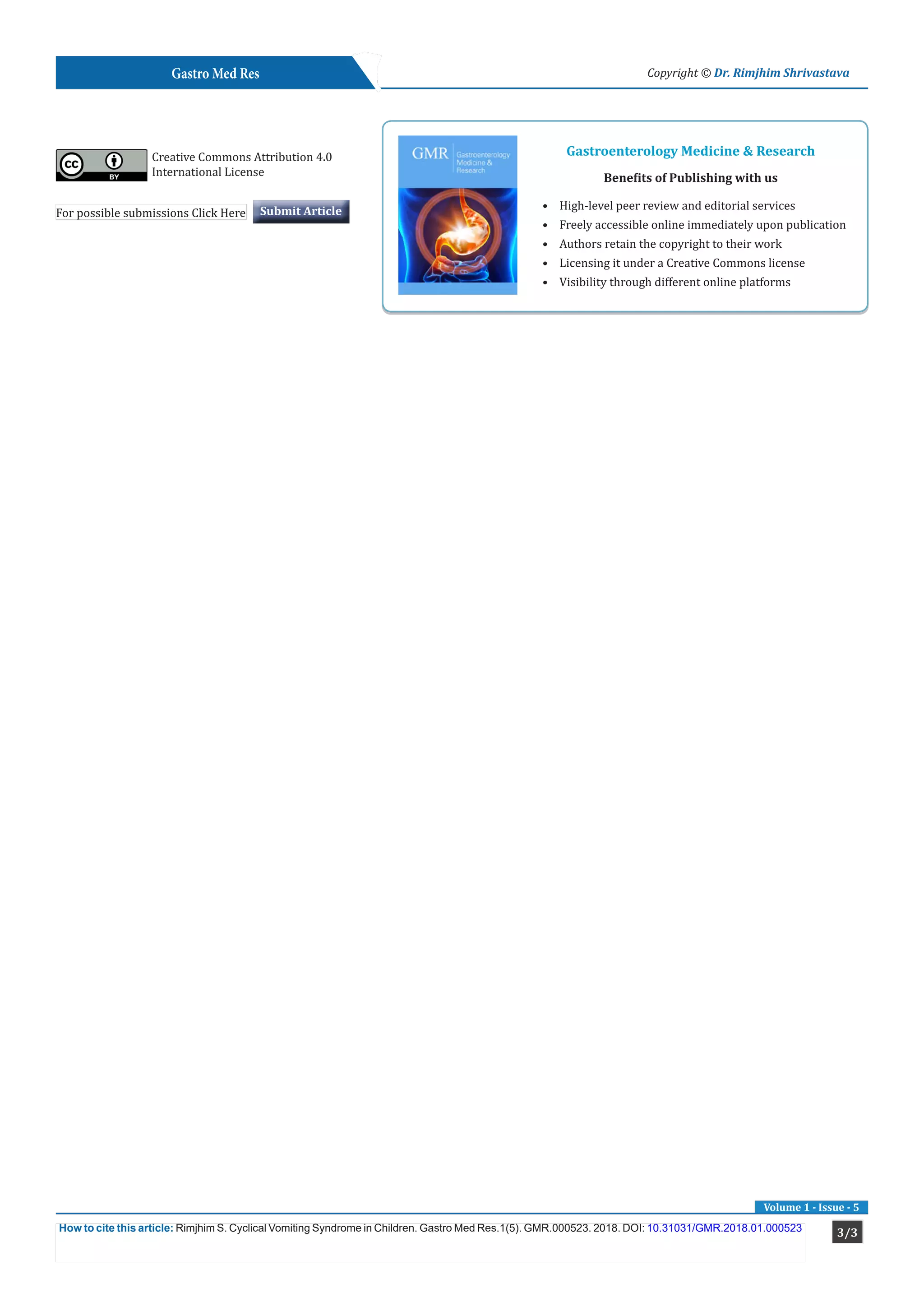 Cyclical Vomiting Syndrome in Children-Crimson Publishers | PDF