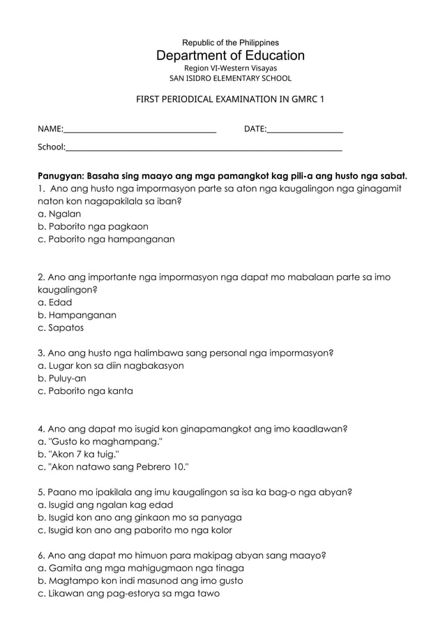 GMRC 1 MATATAG Periodical test 2024-2025 | DOCX