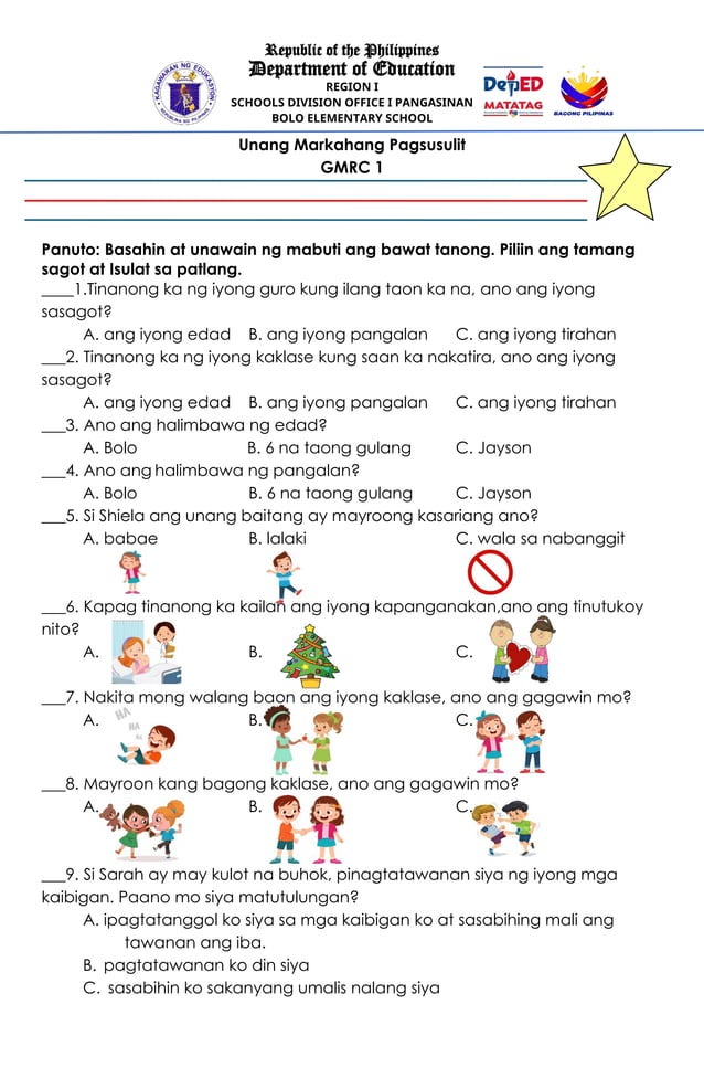 First quarter Examination for grade 1 2024-2025 | PDF