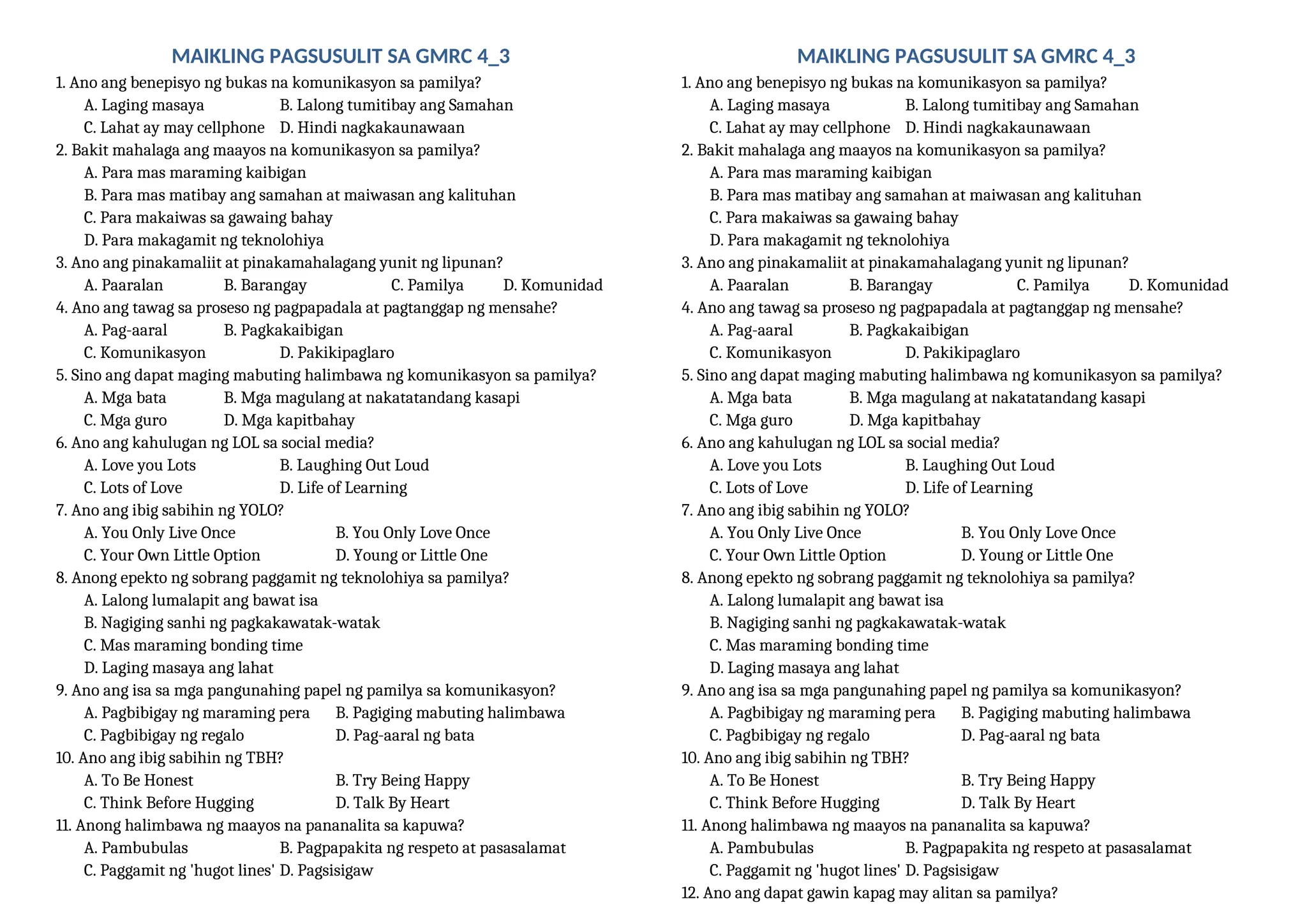 Summative Test in GMRC 4_Matatag curriculum | DOCX