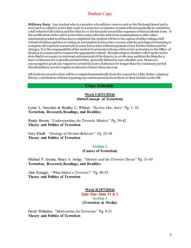 Gmu terrorism student syllabus fall 2016 wednesday | PDF