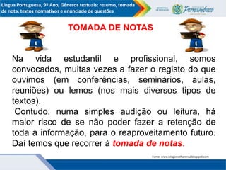 Gêneros textuais resumo, tomada de nota, textos normativos e enunciado ...