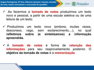 Gêneros textuais resumo, tomada de nota, textos normativos e enunciado ...