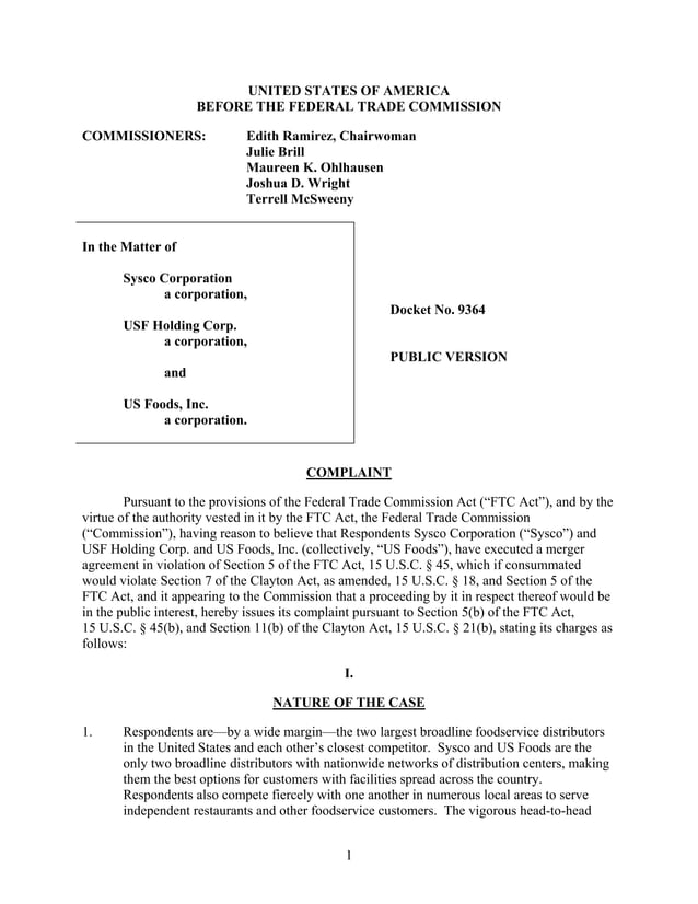 FTC Complaint Sysco US Foods Acquisition | PDF