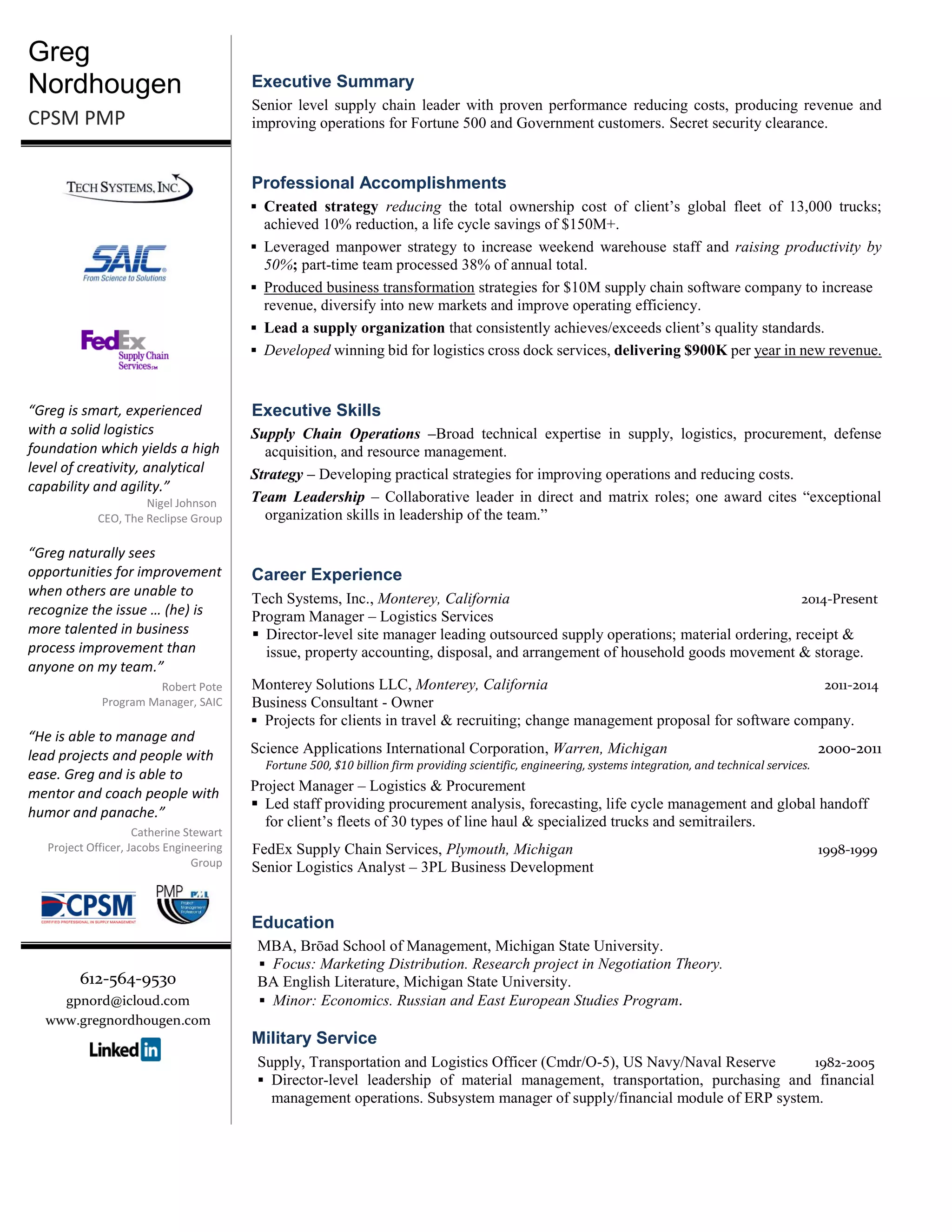 Greg Nordhougen - Supply Chain Leader | PDF