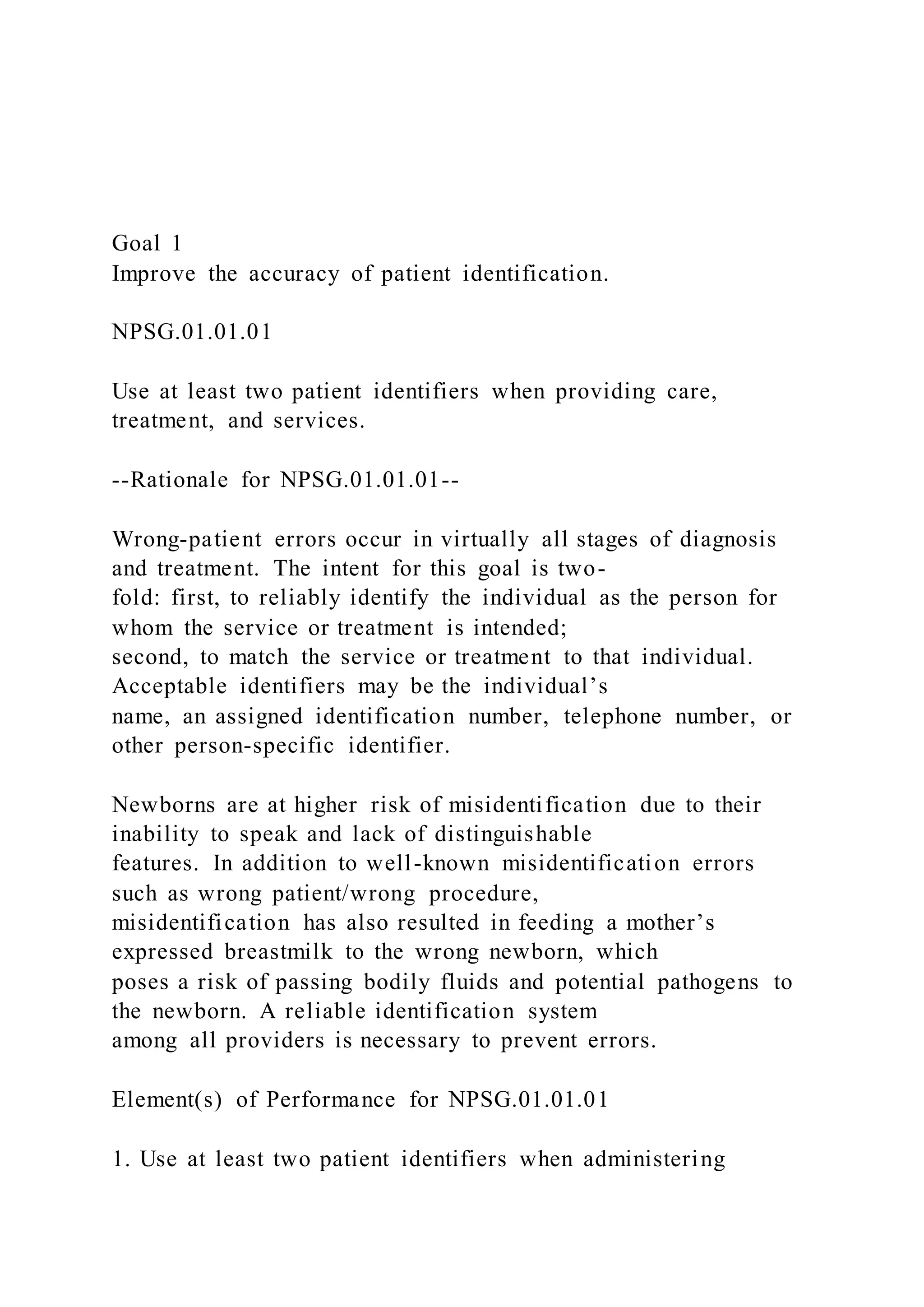 Goal 1 improve the accuracy of patient identification.nps