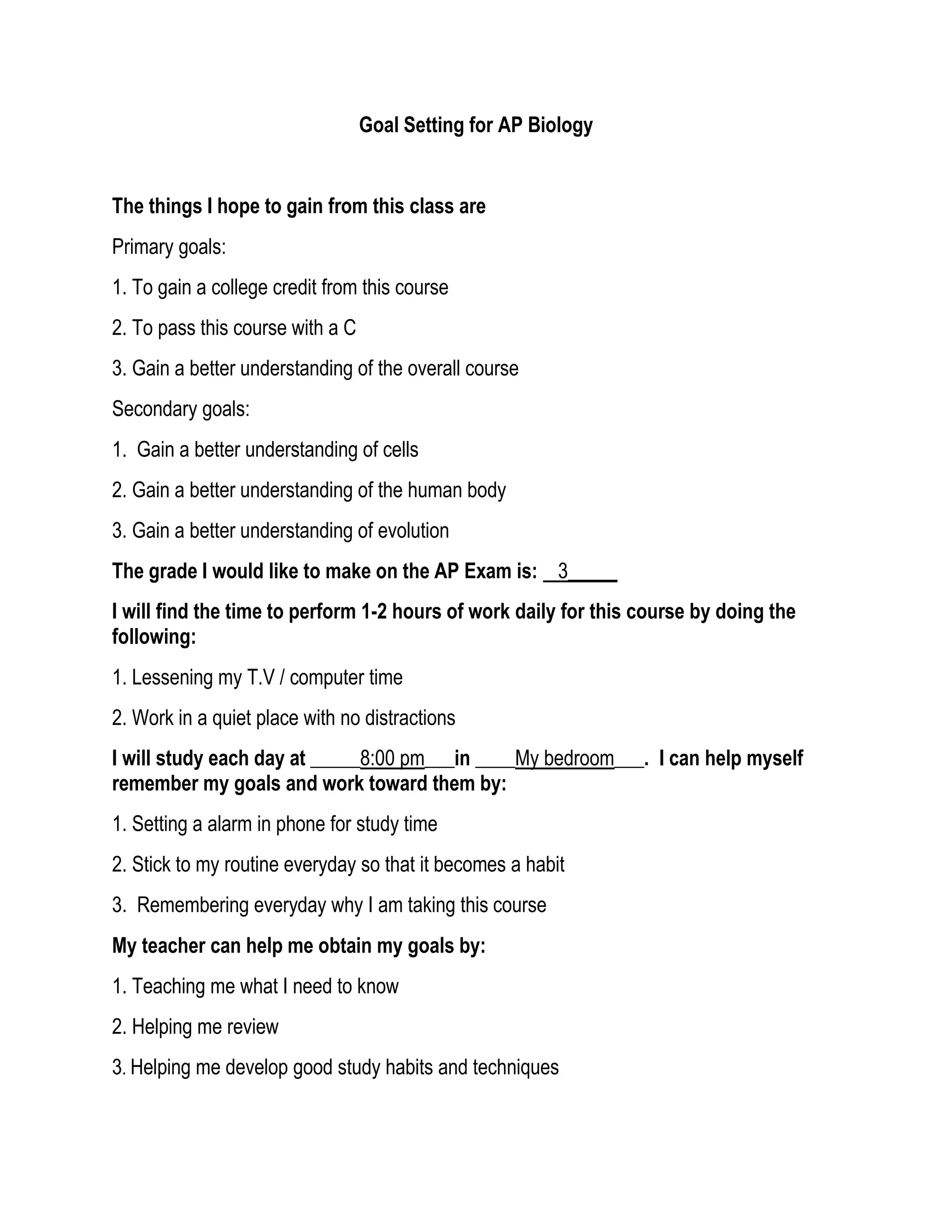 Goal setting for ap biology | PDF